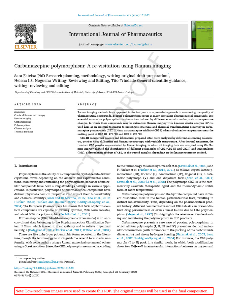 Carbamazepine Polymorphism-A Re-Visitation Using Raman Imaging | PDF | Raman Spectroscopy ...
