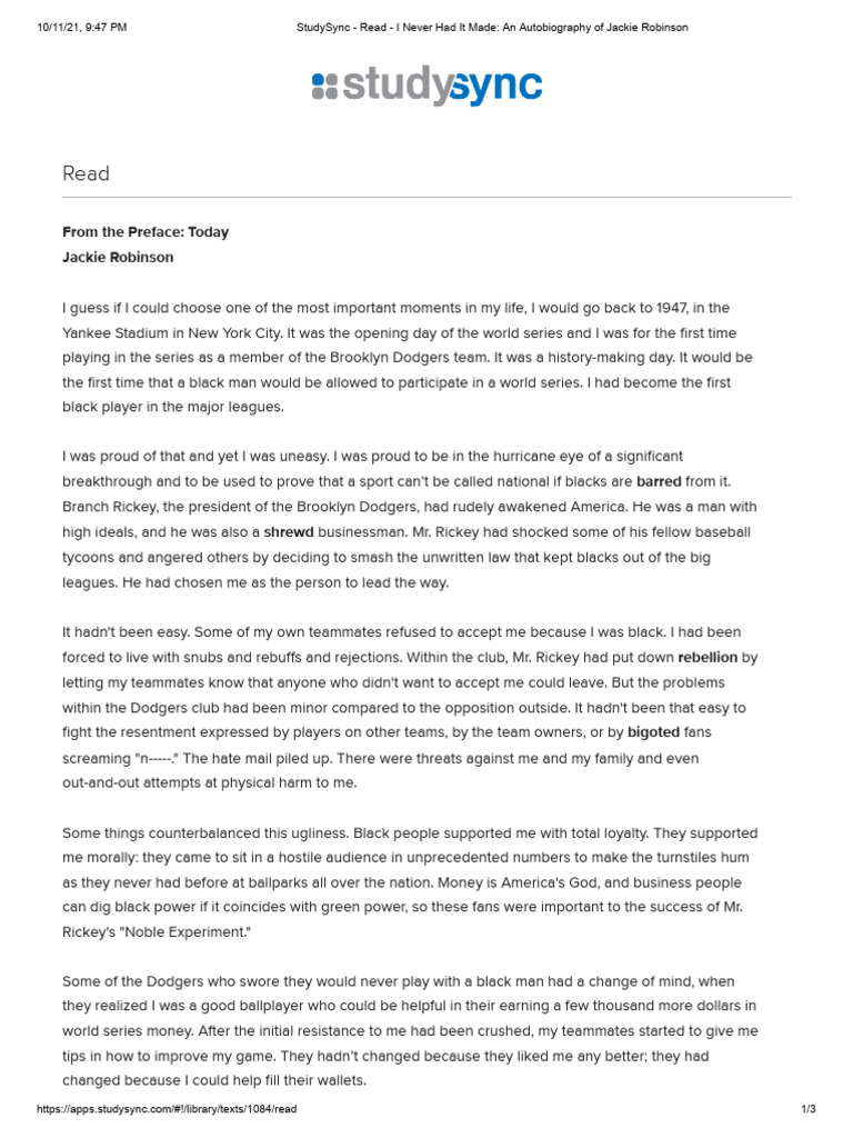 Clayton White - StudySync - Read - I Never Had It Made - An ...