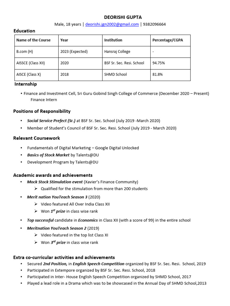 Deorishi Gupta's Academic and Internship Profile | PDF