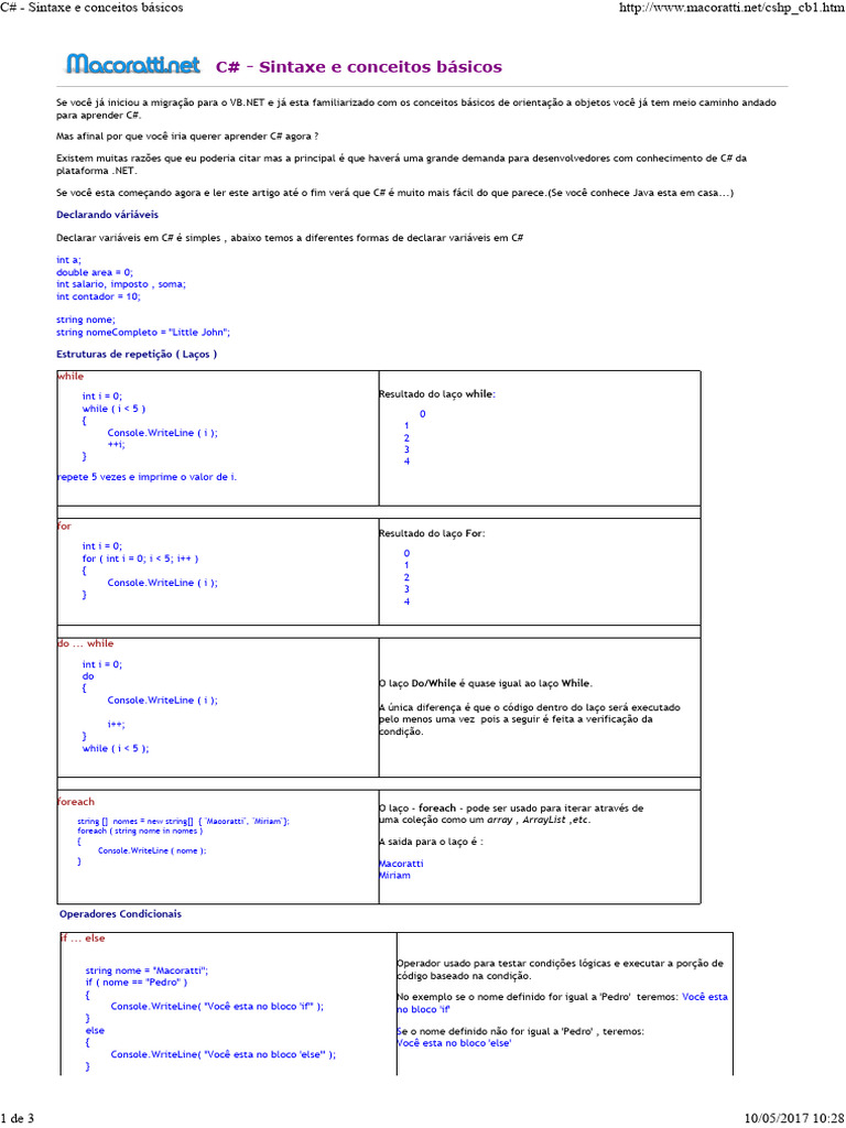 C# - Sintaxe e conceitos básicos | PDF | C Sharp (linguagem de ...
