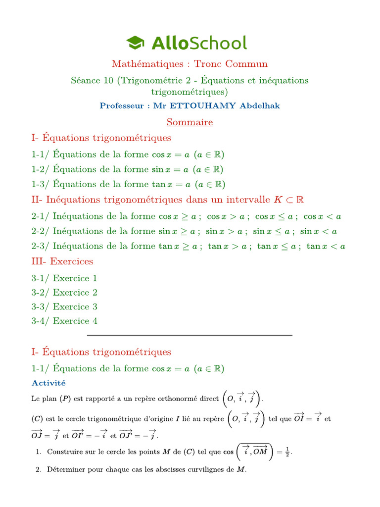 Seance 10 Trigonometrie 2 Equations Et Inequations Trigonometriques 2 | PDF