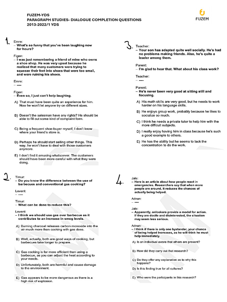 Paragraph Studies - Dialogue Completion - Previous Yds Questions - Week ...