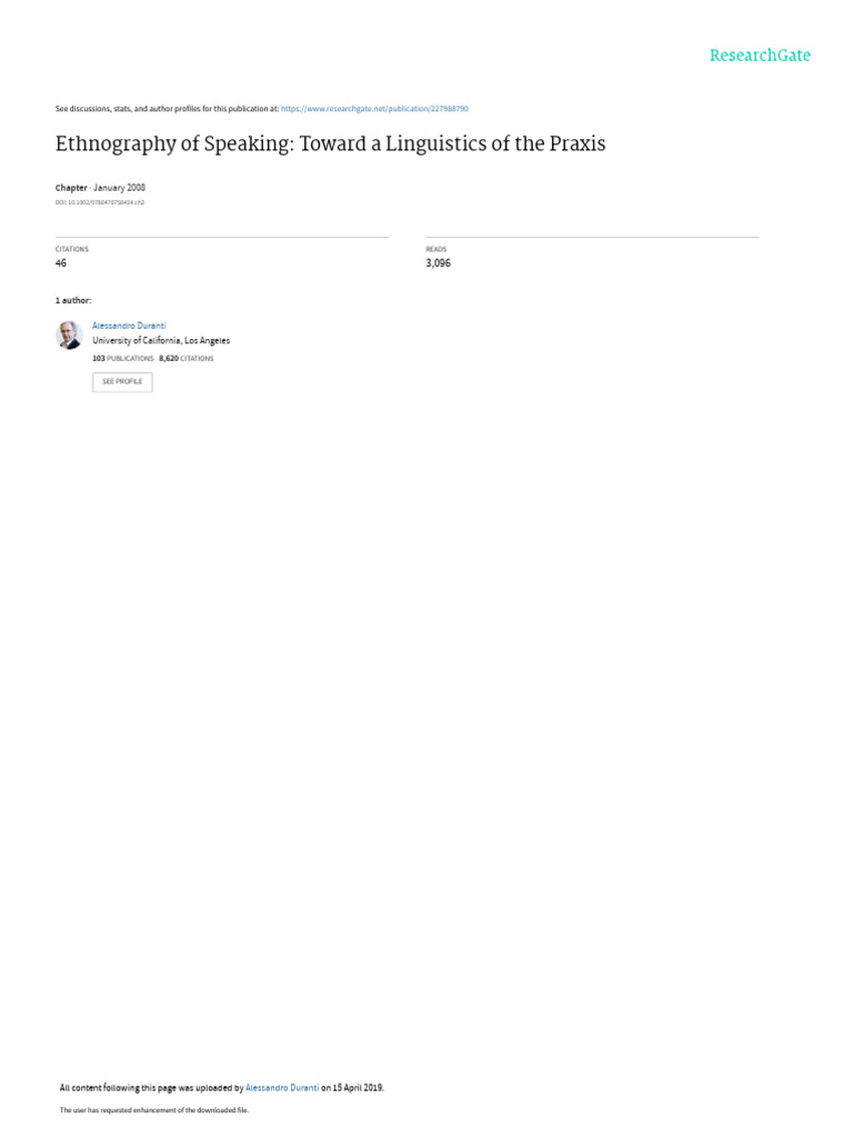 Ethnography of Speaking Toward A Linguistics of The Praxis Alessandro ...