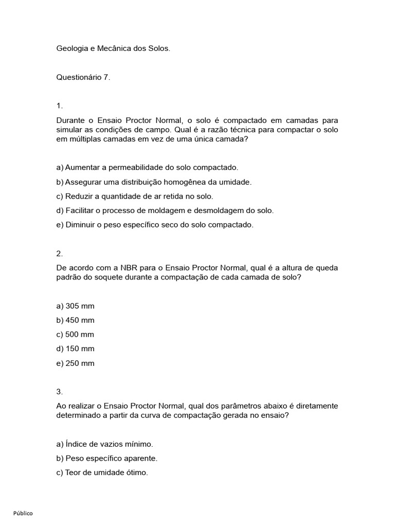 Questões sobre Ensaio Proctor Normal | PDF | Solo | Umidade