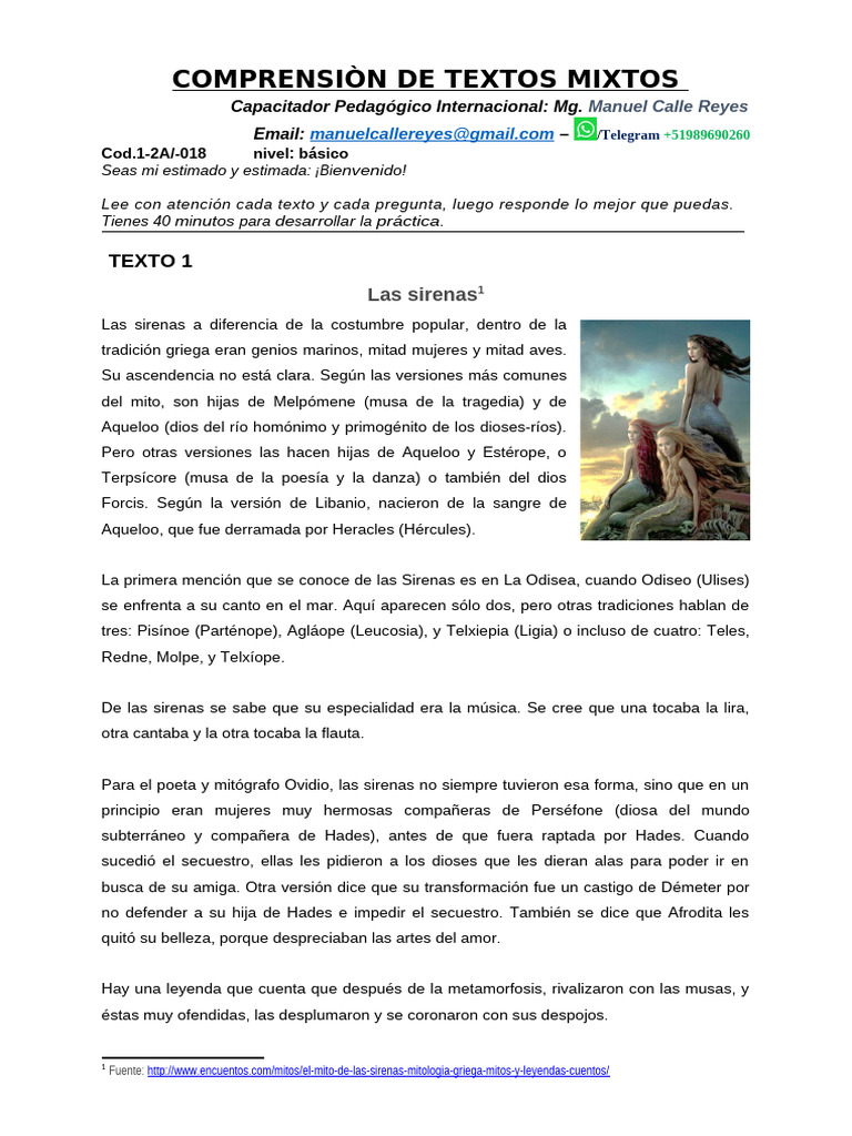 COMPRENSION DE TEXTOS MIXTOS-2-018-COD 1-2A las sirenas-4 | PDF ...