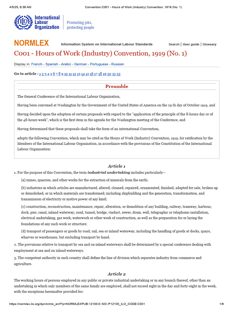 Hours of Work Convention, 1919 | PDF | International Labour ...
