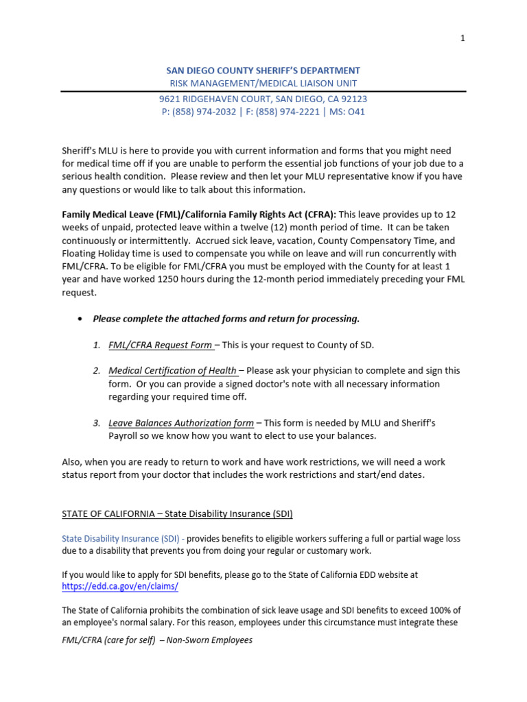 FML-CFRA Request (Care For Self) - SDI Employee With Optional STD | PDF ...