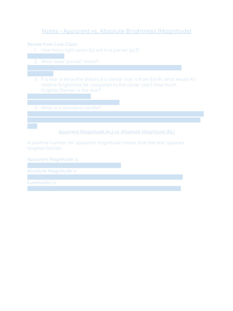 Astronomy Notes - Apparent vs. Absolute Brightness | PDF