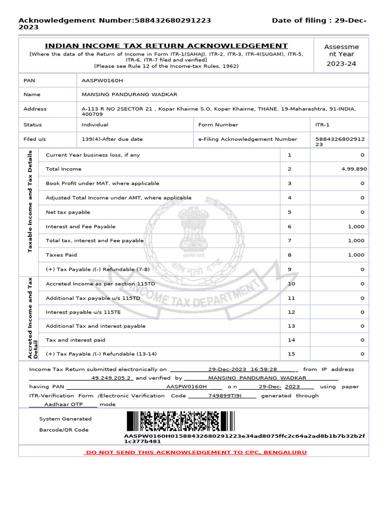 Acknowledgement PDF ITR1 (1) | PDF | Taxes | Economies