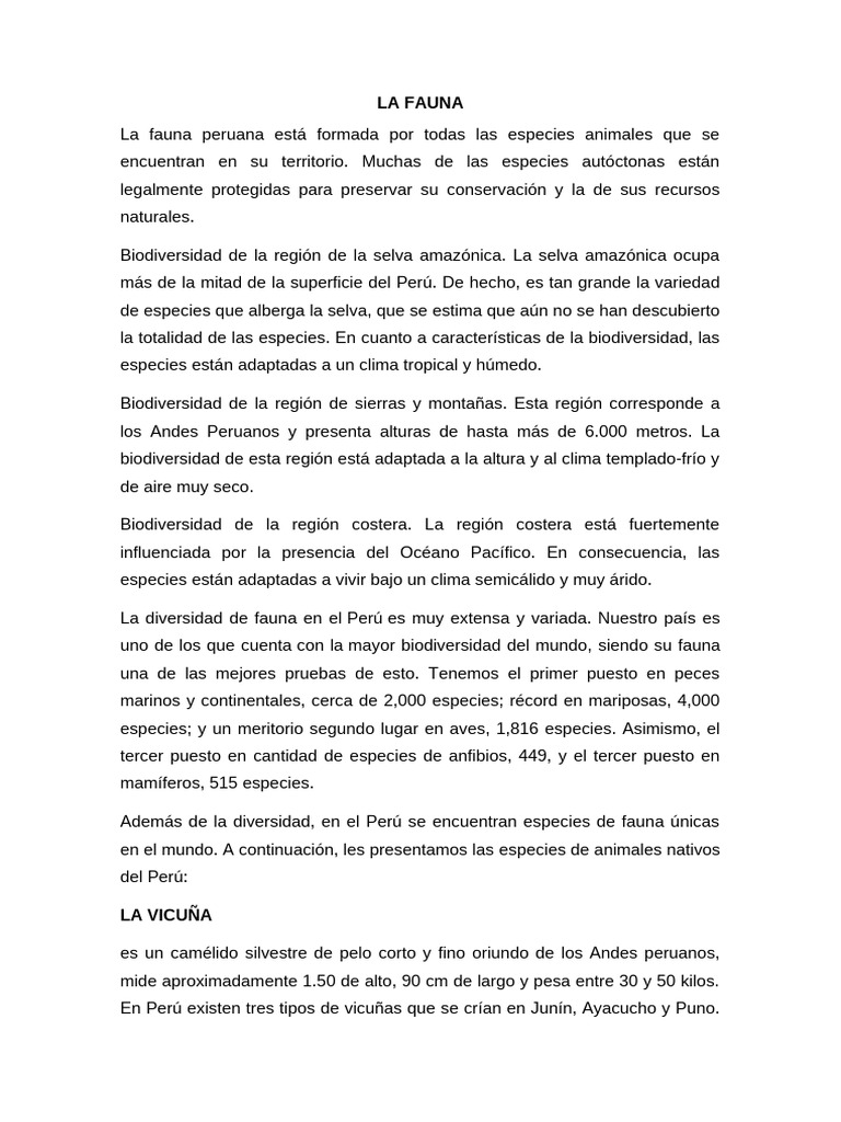 Fauna Diversa del Perú: Especies Nativas | PDF | Perú
