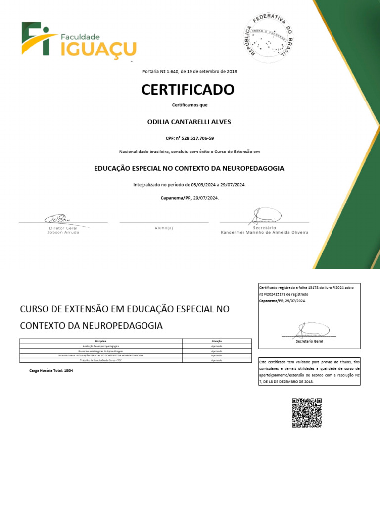 Certificado de Cursos de Extensão - Educaminas - Odilia Cantarelli Alves - Cecn (1) | PDF