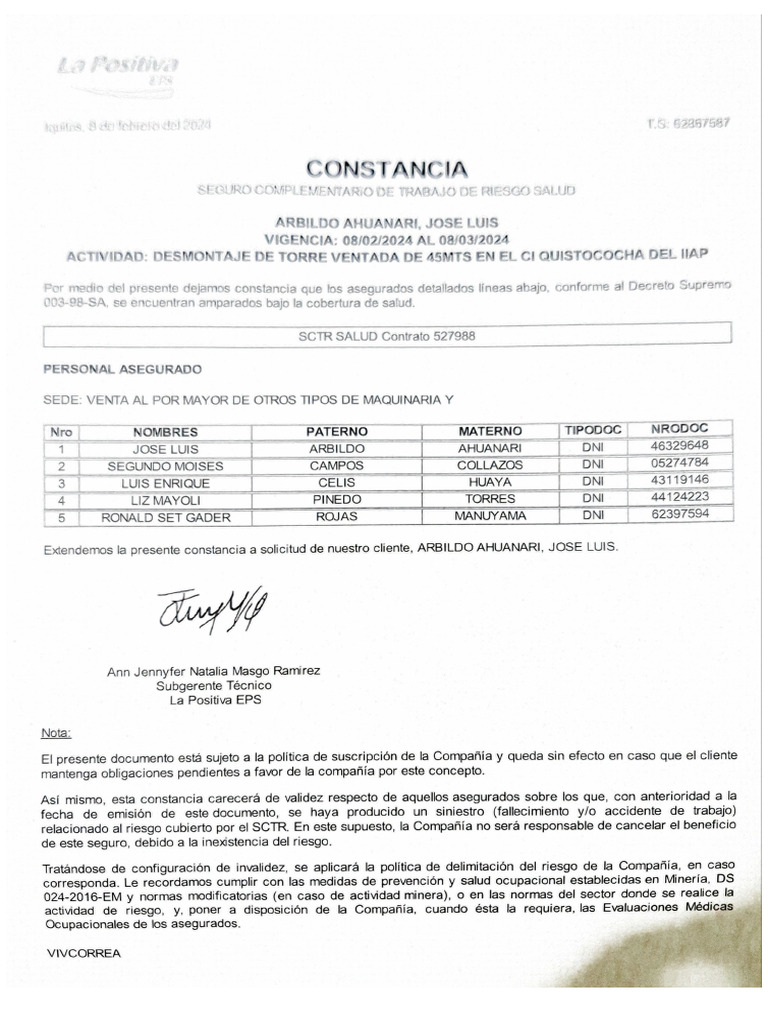 Constancia de Seguro SCTR | PDF