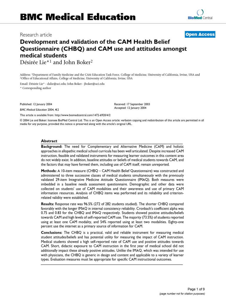 Development and Validation of The CAM Health Belief Questionnaire | PDF ...