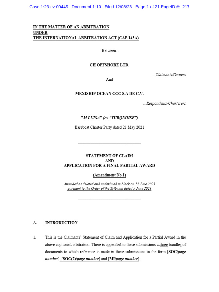 Original PDF CH Offshore V Mexiship Ocean CCC Siac Case No 247 22 Als Statement of Claim and ...