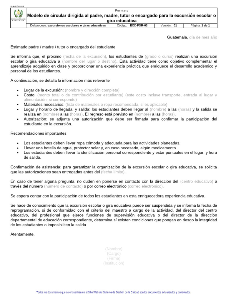 EXC-FOR-03 Modelo - Circular - Padre - Madre - Tutor - Enc | PDF