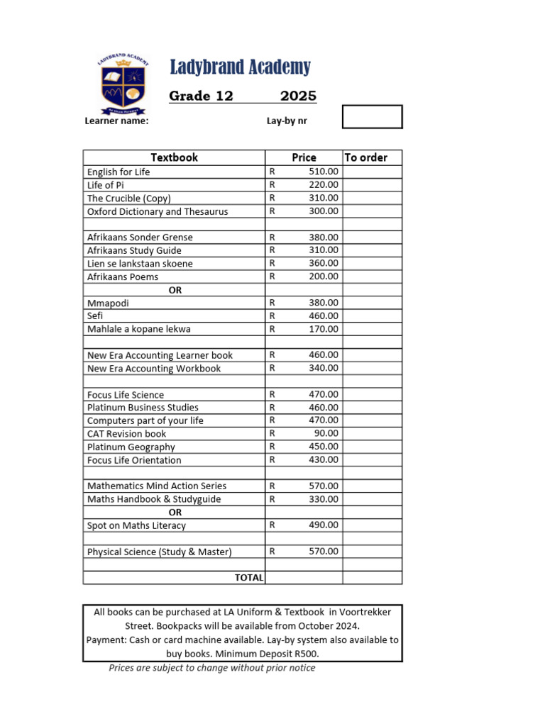 Grade 12 Textbook Price List 2025-26 | PDF