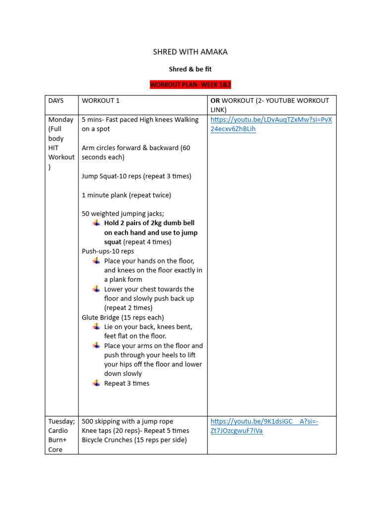 WORKOUT PLAN_-SHRED WITH AMAKA-1-1 | PDF | Physical Fitness | Physical Exercise