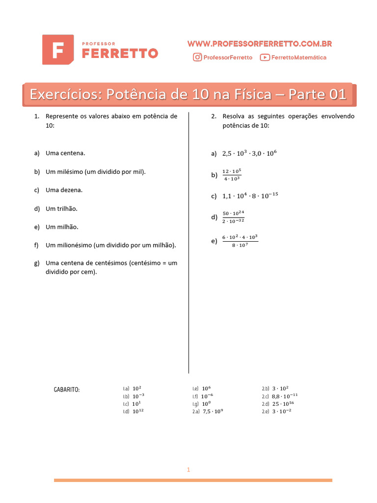 Exercícios sobre Potência de 10 | PDF