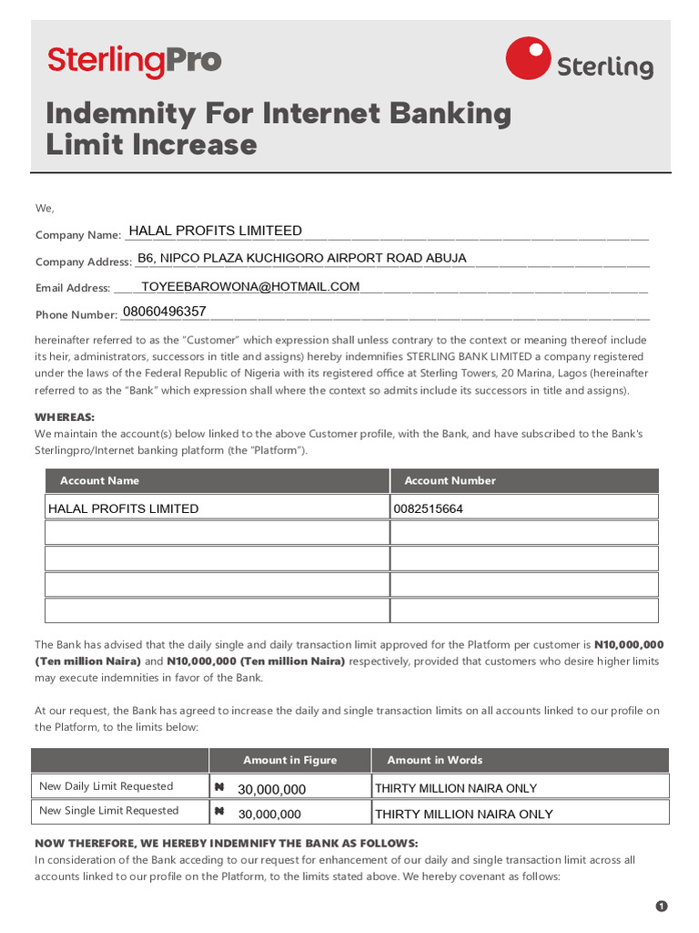 Indemnity For Bank Limit Increase | PDF | Indemnity | Banks
