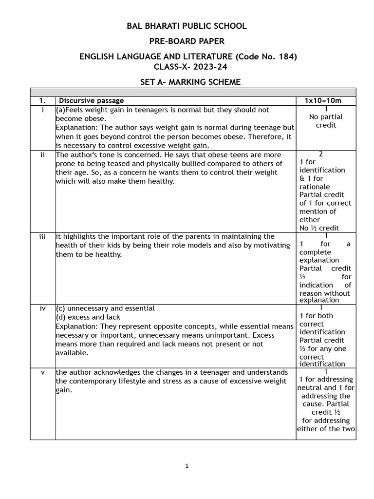 Class X English Pre-Board Marking Scheme | PDF | Poetry | Obesity