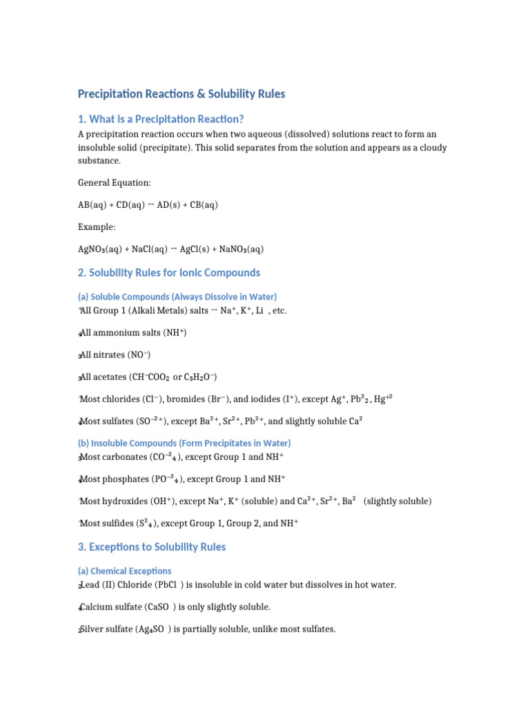 Precipitation Reactions Solubility Rules | PDF