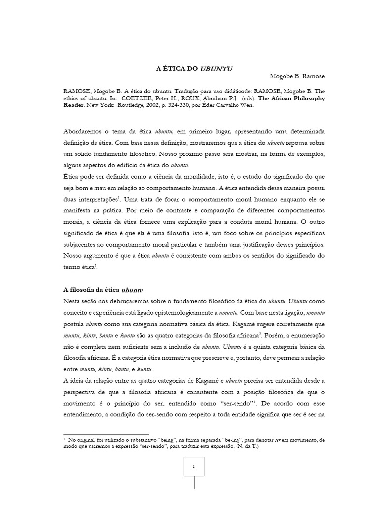 Ética do Ubuntu: Fundamentos Filosóficos | PDF | Ontologia | Moralidade