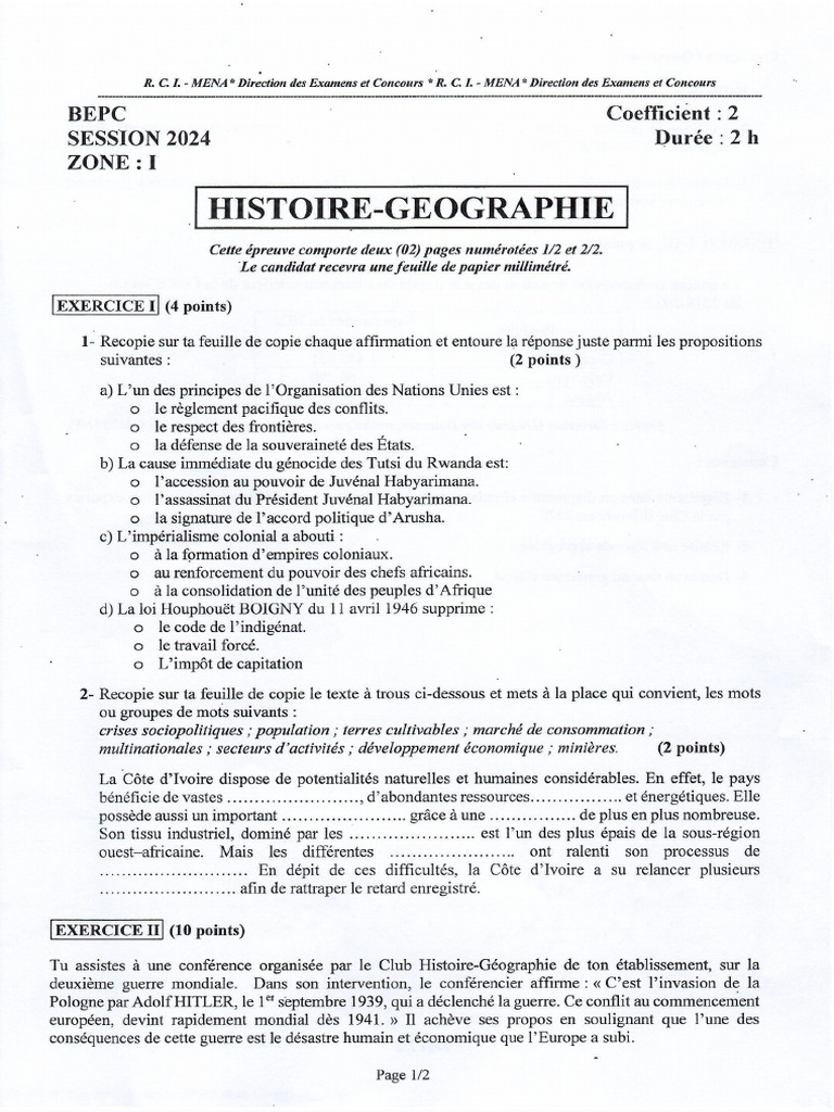 Bepc 2024 Histoire-Geographie +barème Zone 1 | PDF