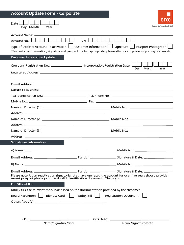 Account Update Form Corporate | PDF