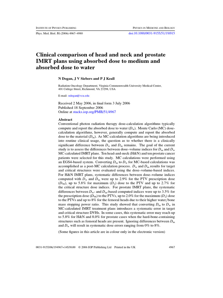Clinical Comparison MRT Dose To Medium and To Water | PDF | Radiation ...