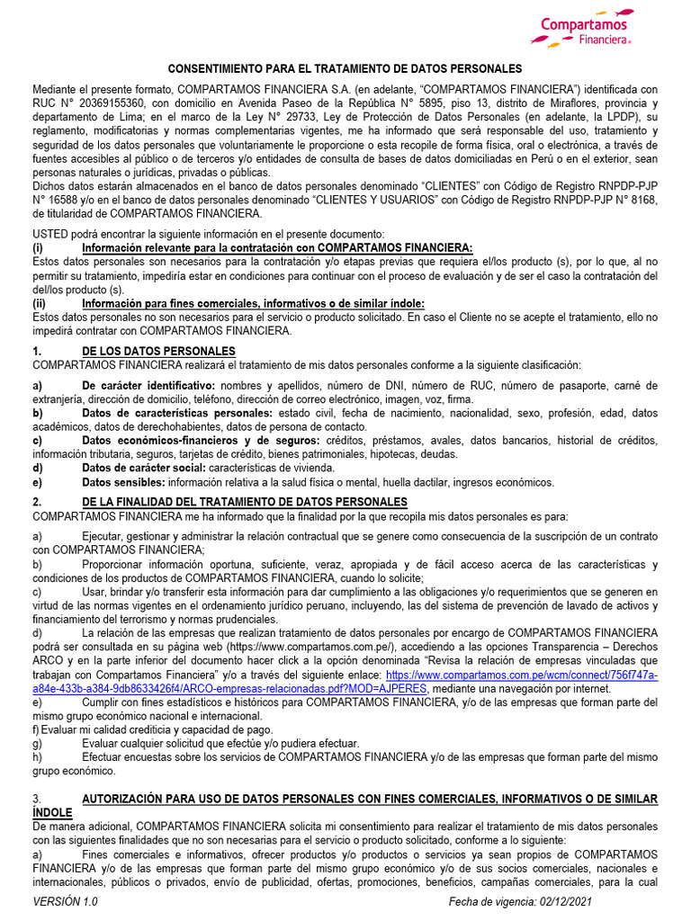 Consentimiento para Tratamiento de Datos | PDF | Bancos | Aplicación movil