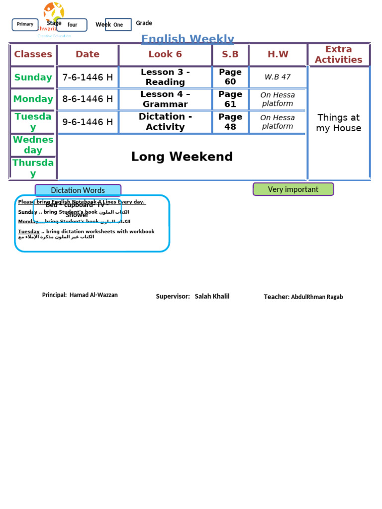 Weekly English Study Plan for Grade 4 | PDF