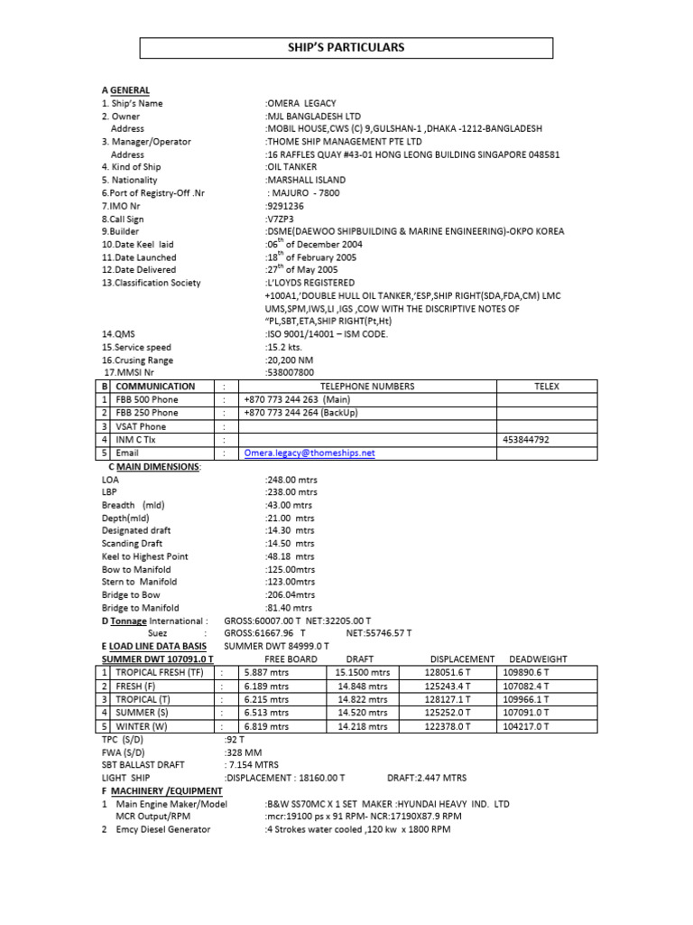 Omera Legacy Ship Specifications | PDF | Ships | Shipbuilding