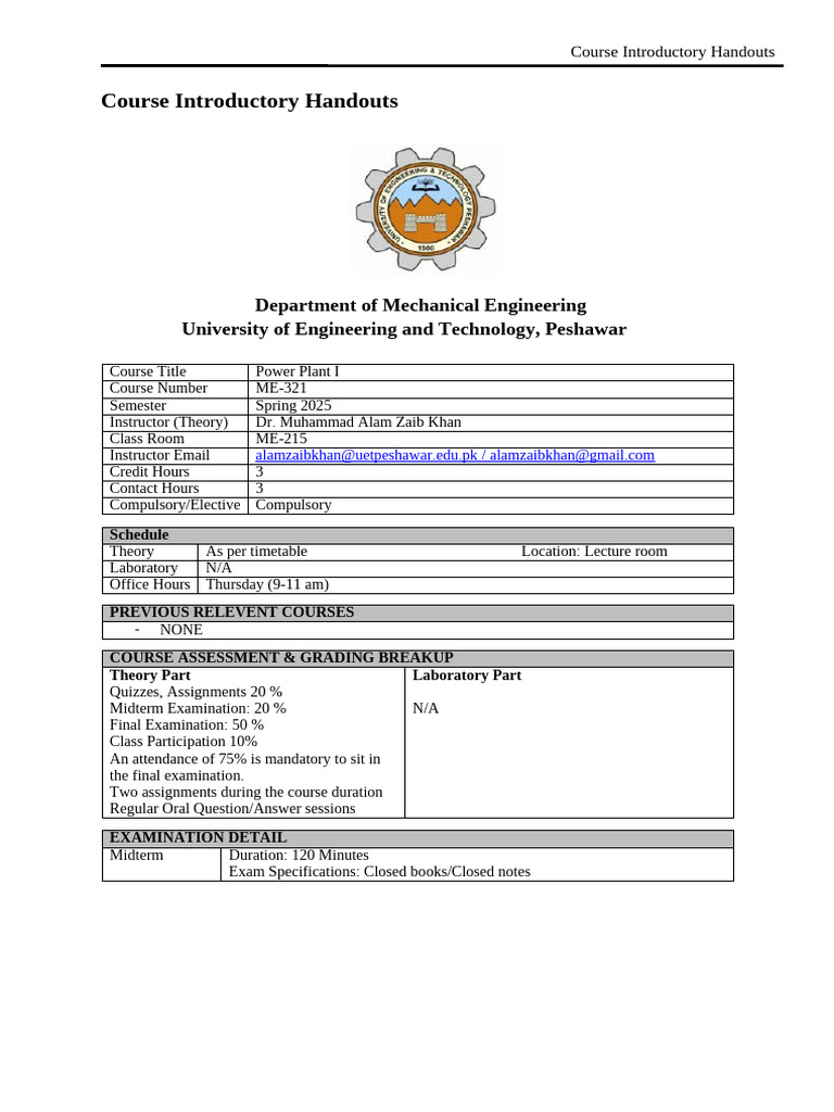 Course Introductory Handouts (Power Plant I) | PDF | Engines ...