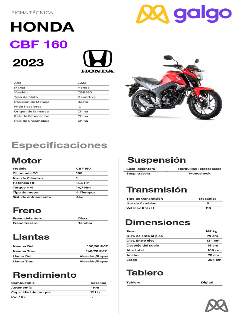 Ficha T Cnica Honda CBF 160 Galgo | PDF
