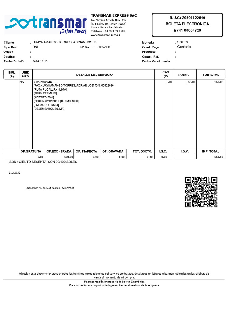 Huaynamango Torres, Adrian Josue Soles DNI: Transmar Express Sac | PDF