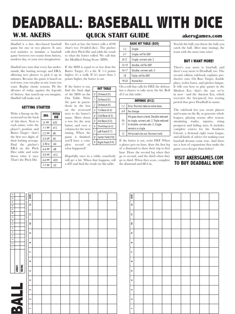 Deadball: Baseball With Dice: W.M. Akers Quick Start Guide | PDF ...