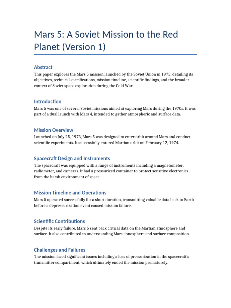 Mars 5 Research Paper Version 1 | PDF