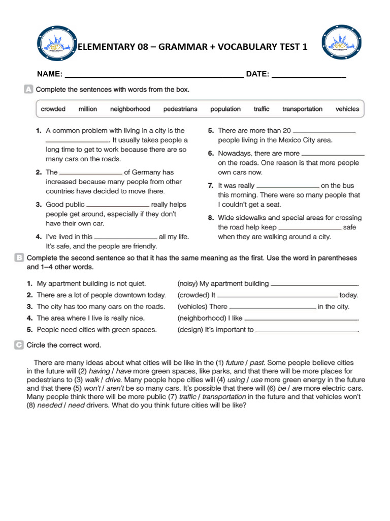 Elementary Grammar & Vocabulary Test 1 | PDF