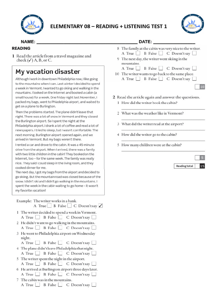Reading + Listening Evaluation 01 - Basic 08 | PDF