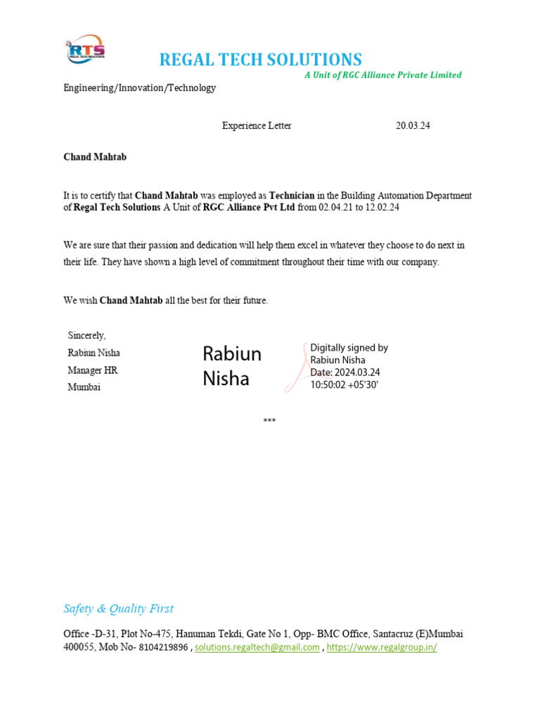 Experience Letter for Technician Chand Mahtab | PDF