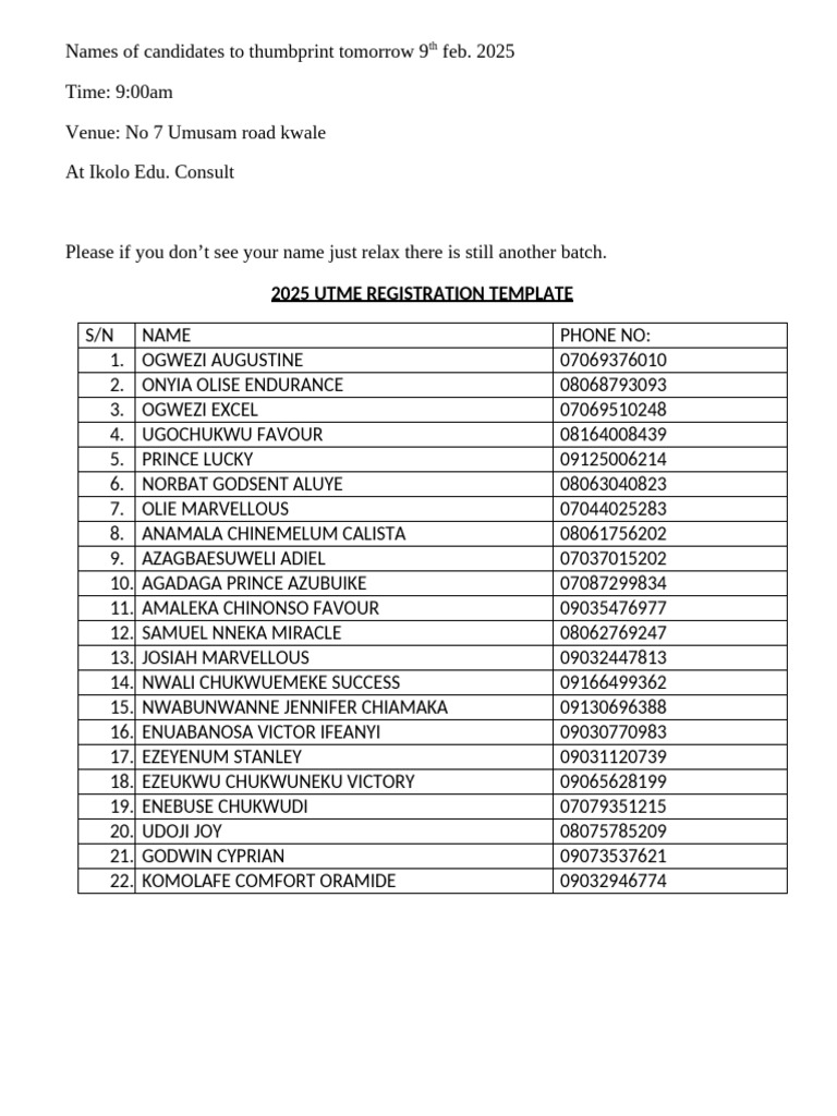 2025 Utme Registration Template | PDF