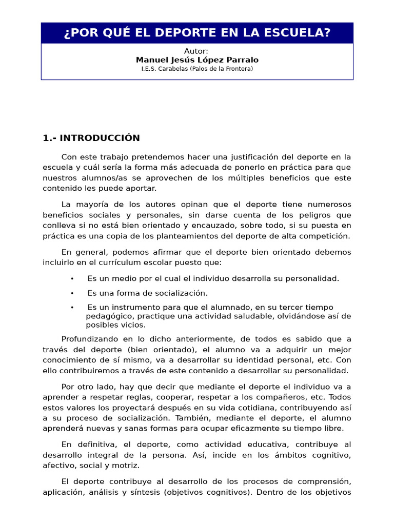 POR QUÉ EL DEPORTE EN LA ESCUELA | PDF | Educación primaria | Deportes