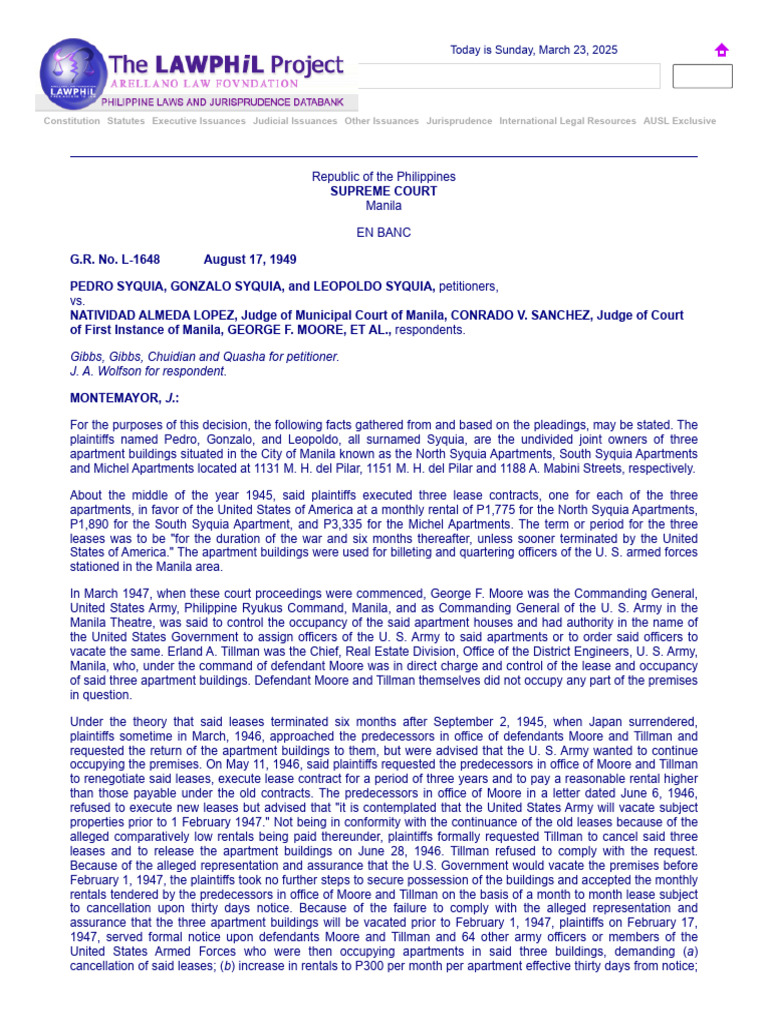 Syquia v. Lopez, 84 Phil 312 (1940) | PDF | Lawsuit | Lease