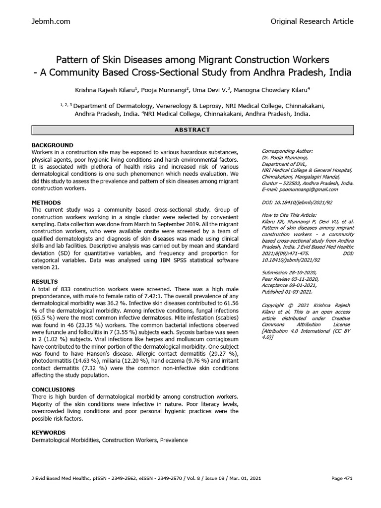Pattern of Skin Diseases Among Migrant Construction Workers A Community ...