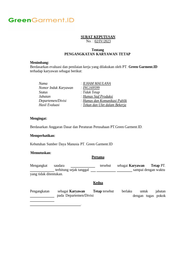 SK Karyawan Tetap | PDF