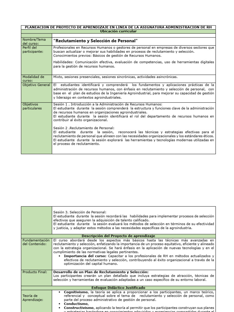 RH FORMATO DEL EJEMPLO DE LA PLANEACIÓN DE PROYECTO DE APRENDIZAJE EN LíNEA | PDF | Gestión de ...