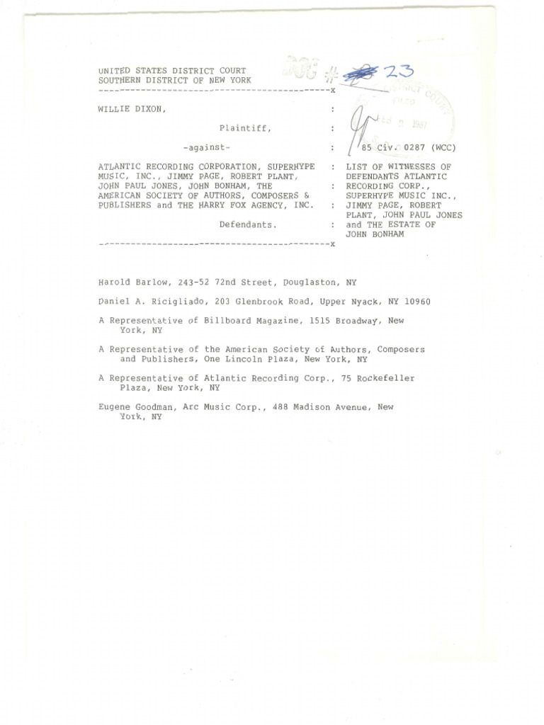 Willie Dixon V Led Zeppelin Whole Lotta Love' Lawsuit List of Witnesses ...