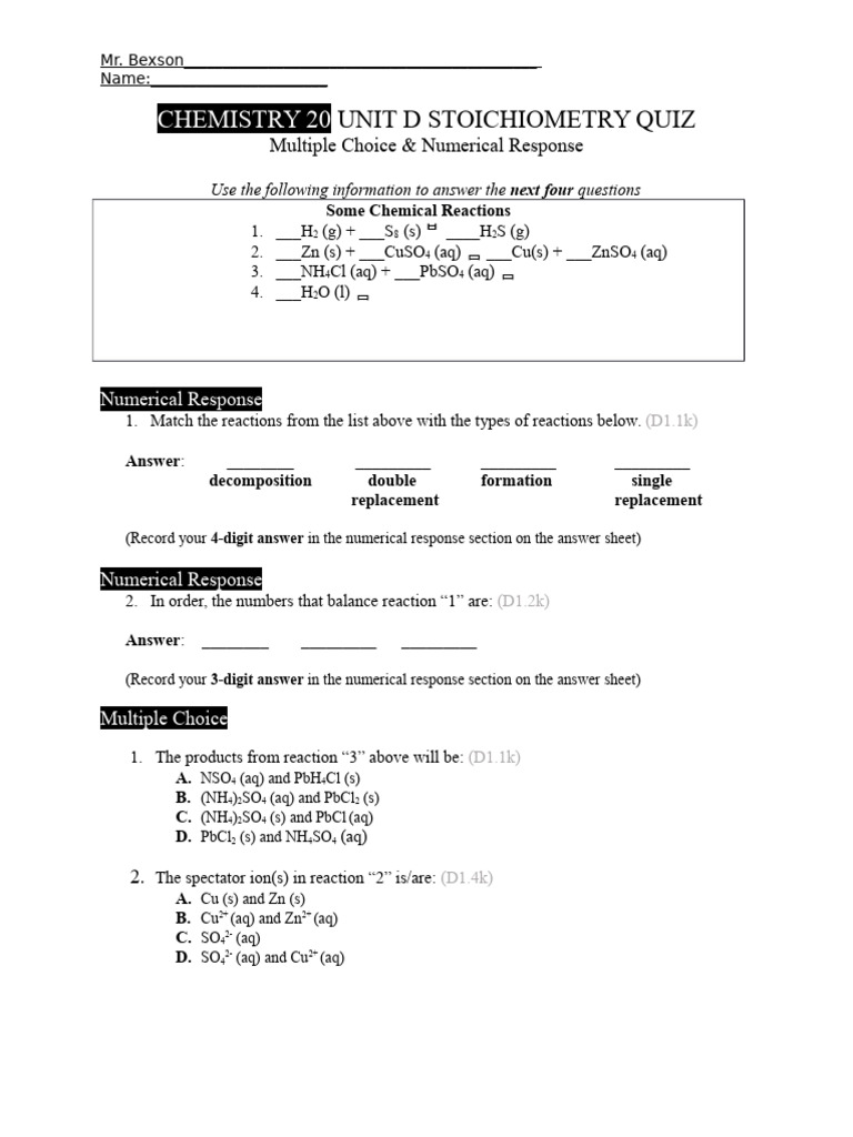Chemistry 20 Unit D Stoichiometry Quiz Questions | PDF | Stoichiometry ...