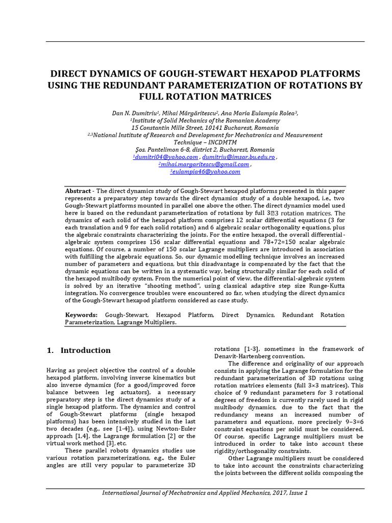 159 167 Direct Dynamics of Gough Stewart Hexapod Platforms | PDF | Rotation | Linear Algebra