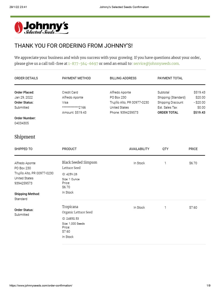 Johnny's Seeds Order Confirmation | PDF | Foods | Cuisine